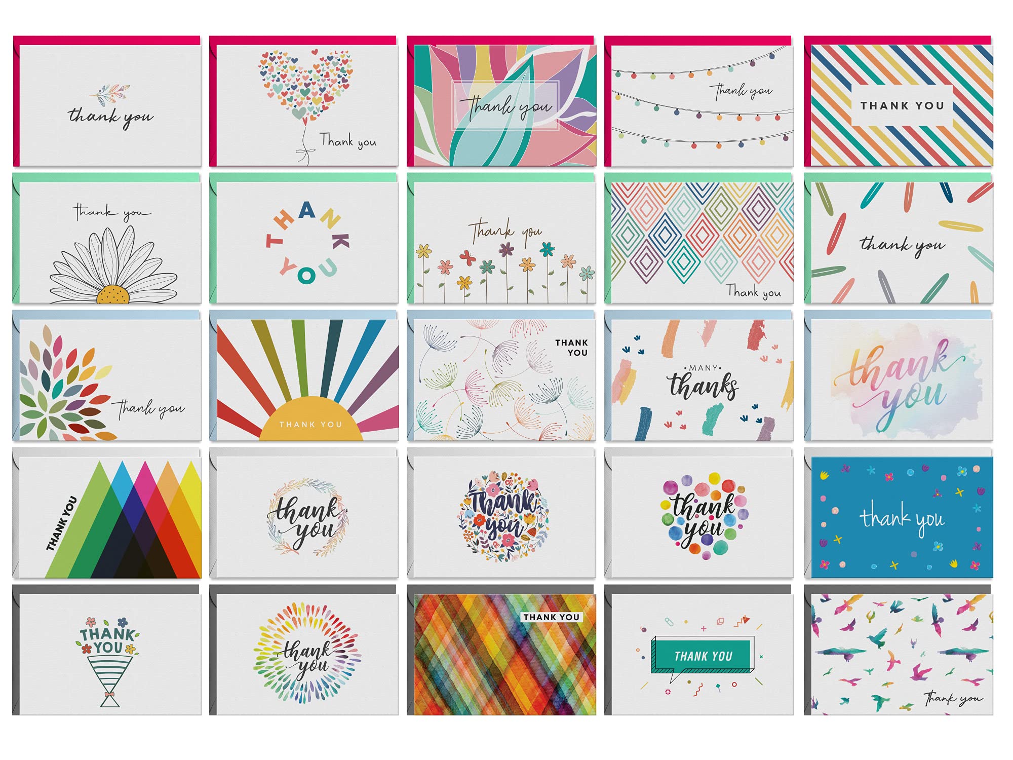 Dessie 100 Unique Thank You Cards Bulk - Blank Note Cards with 100 Different, Colorful Designs, No repetition. Colorful Envelopes, Gold Seals and Sturdy Storage Box.