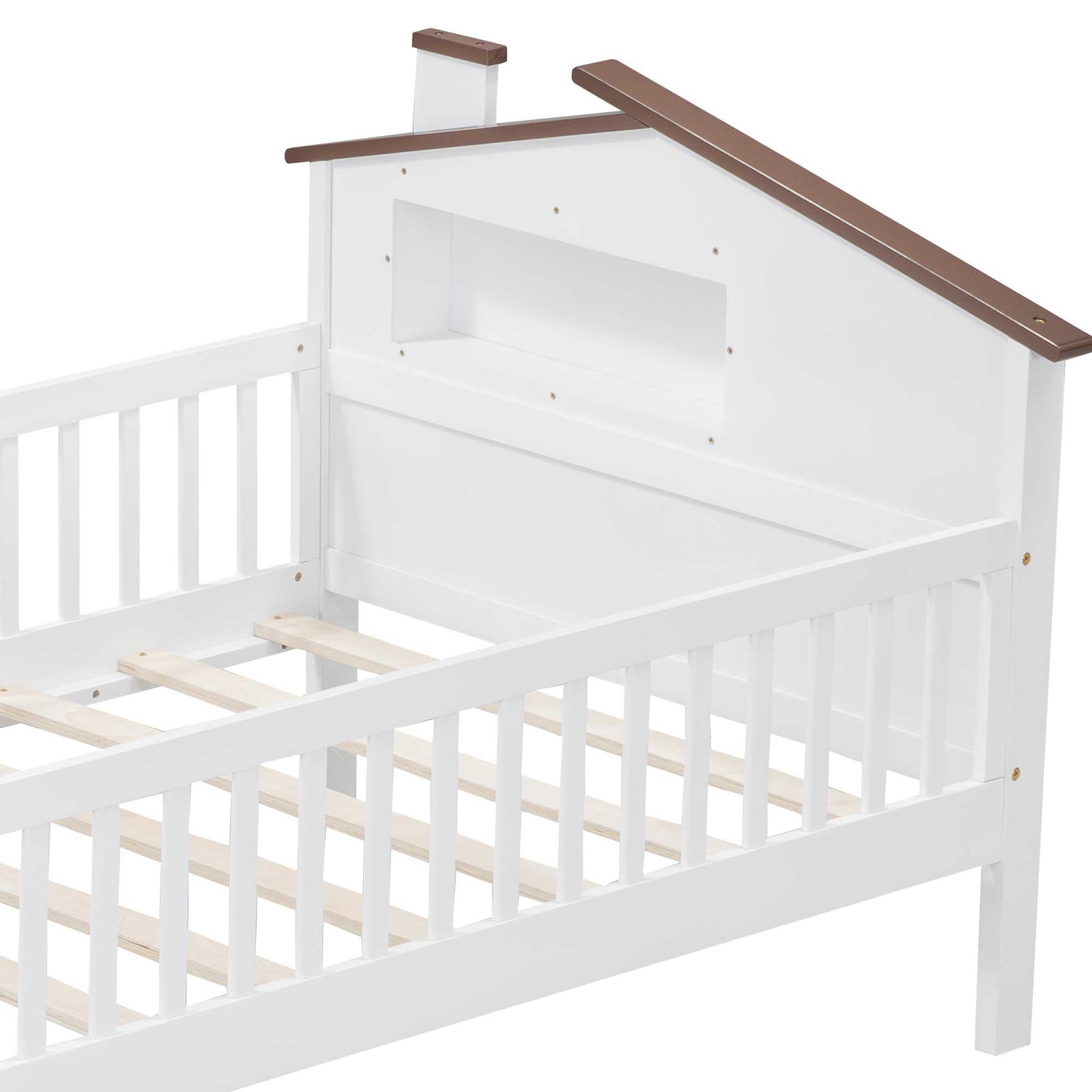 Bellemave Twin Size Montessori Bed for Kids, Twin Size Kids Bed with Fence,Kids Montessori Bed with House-Shaped Headboard and Built-in Storage, White
