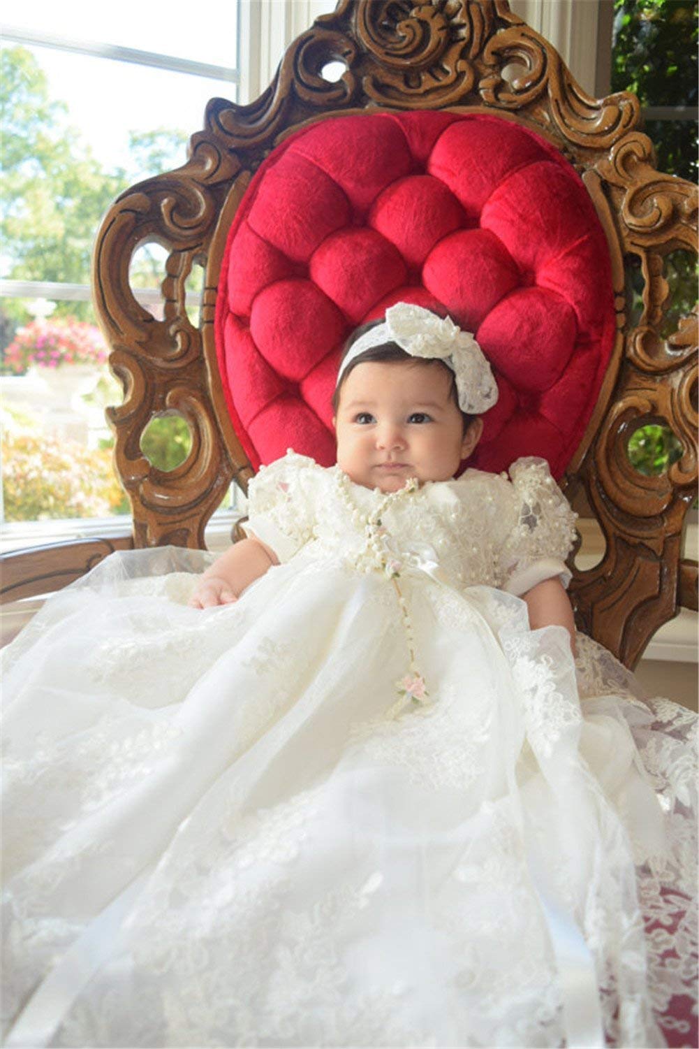 Newdeve Baby-Girls Lace Beads Infant Toddler White Christening Gowns Long (9-12 Months, Ivory)