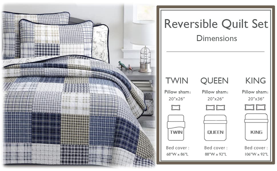 Cozy Line Home Fashions Benjamin Cute Dinosaur Plaid Navy Blue White Grey Bedding Quilt Set 100% Cotton Reversible Coverlet Bedspread Set for Kids Boy(Twin - 2 Piece)