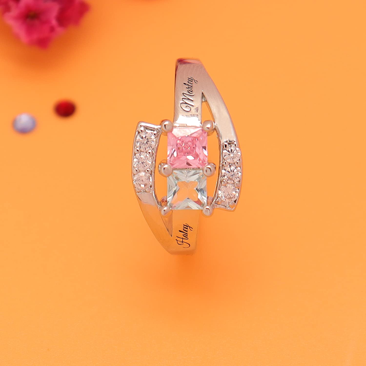 AREH Personalized Mothers Ring with 2 Princess-Cut Birthstones Custom Engraved Names Engagement Rings for Women