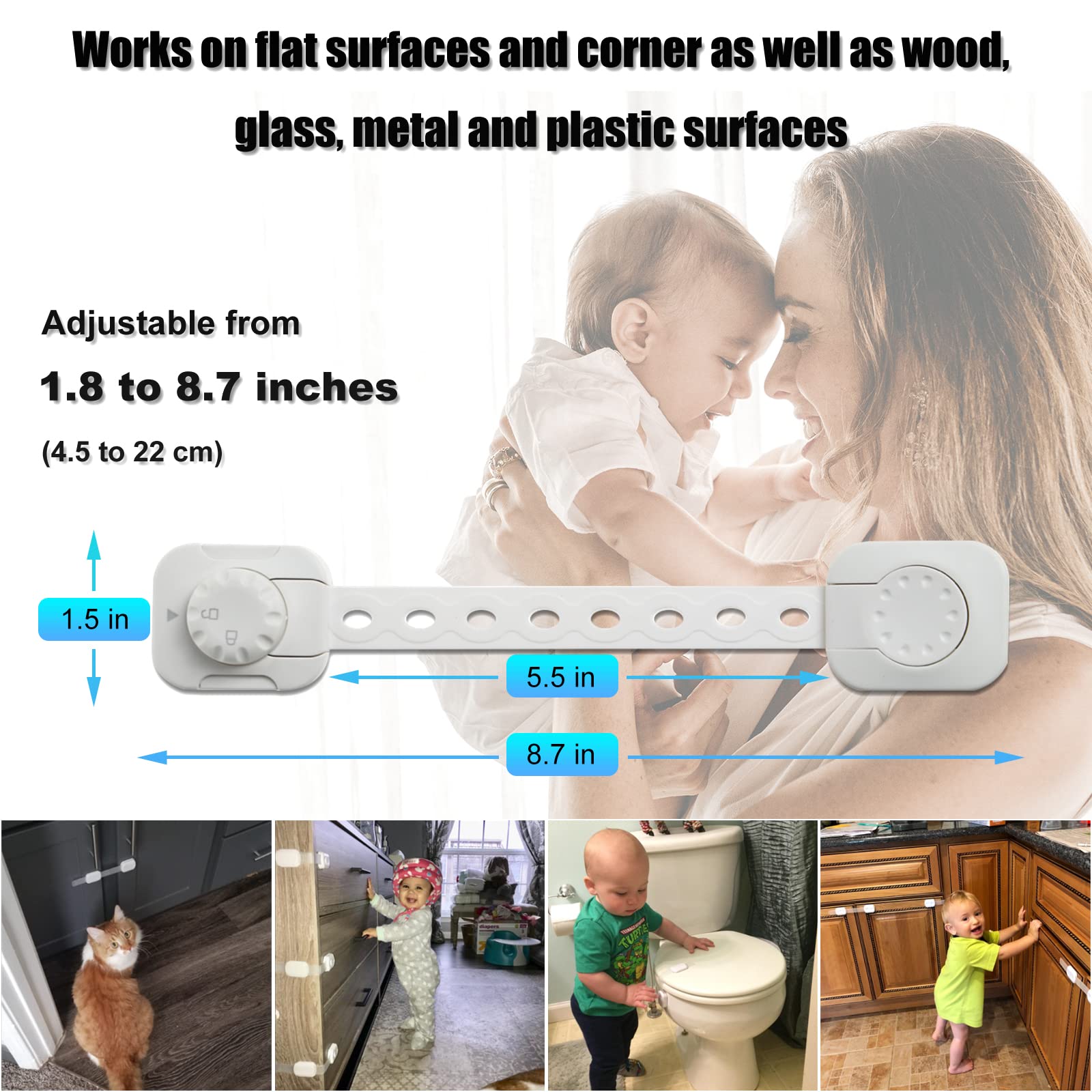 Cabinet Locks for Babies (6 Pack) Safety Child Lock Baby Proofing Drawers Door Latches for Fridge, Dishwasher, Toilet Seats, Ovens, Kitchen - Adjustable Kids Strap Lock, 3M Adhesive Easy Installation
