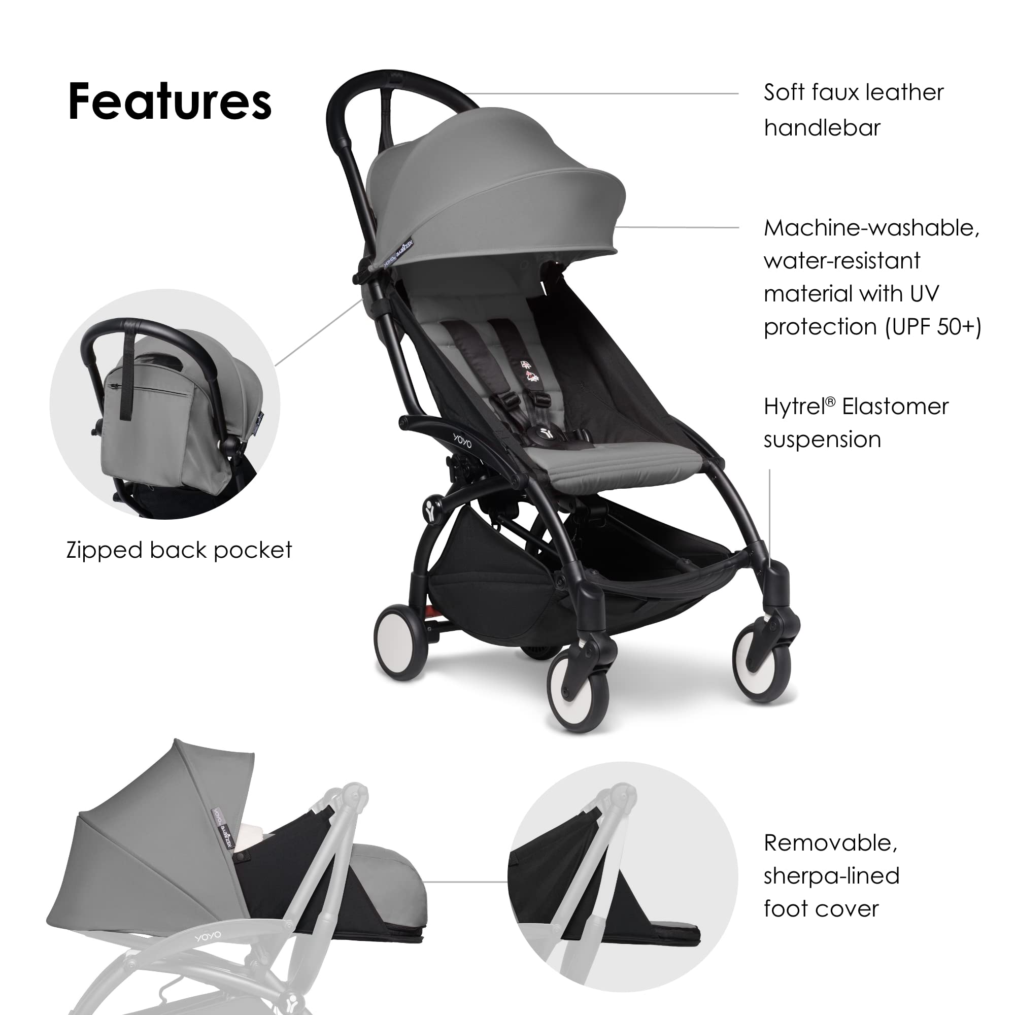 BABYZEN YOYO2 Stroller & 0+ Newborn Pack - Includes Black Frame, Grey 6+ Color Pack & Grey 0+ Newborn Pack - Suitable for Children Up to 48.5 Pounds
