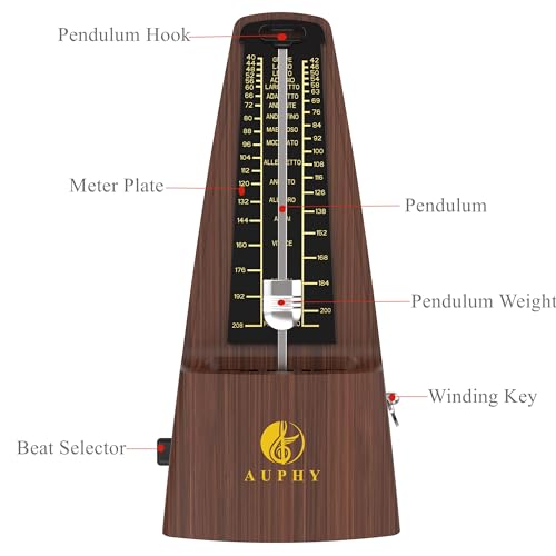 AUPHY Mechanical Metronome with Accent Bell, Classic Shape, Accurate Beat, Multiple Beat Modes, Suitable for Piano Guitar Drums Violin Saxophone etc(Wood Grain)