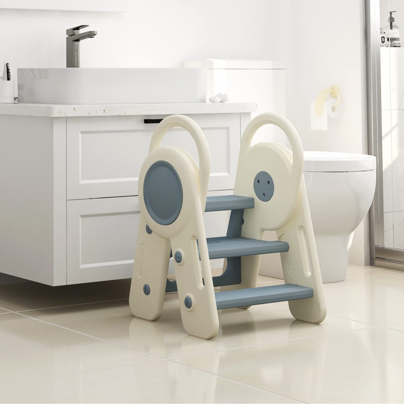 BanaSuper Foldable Toddler Step Stool with Safety Handrail for Kitchen Counter Bathroom Sink Kids Adjustable Toilet Potty Training Stool Children Step Ladder Learning Helper with Non-Slip Pads (Blue)