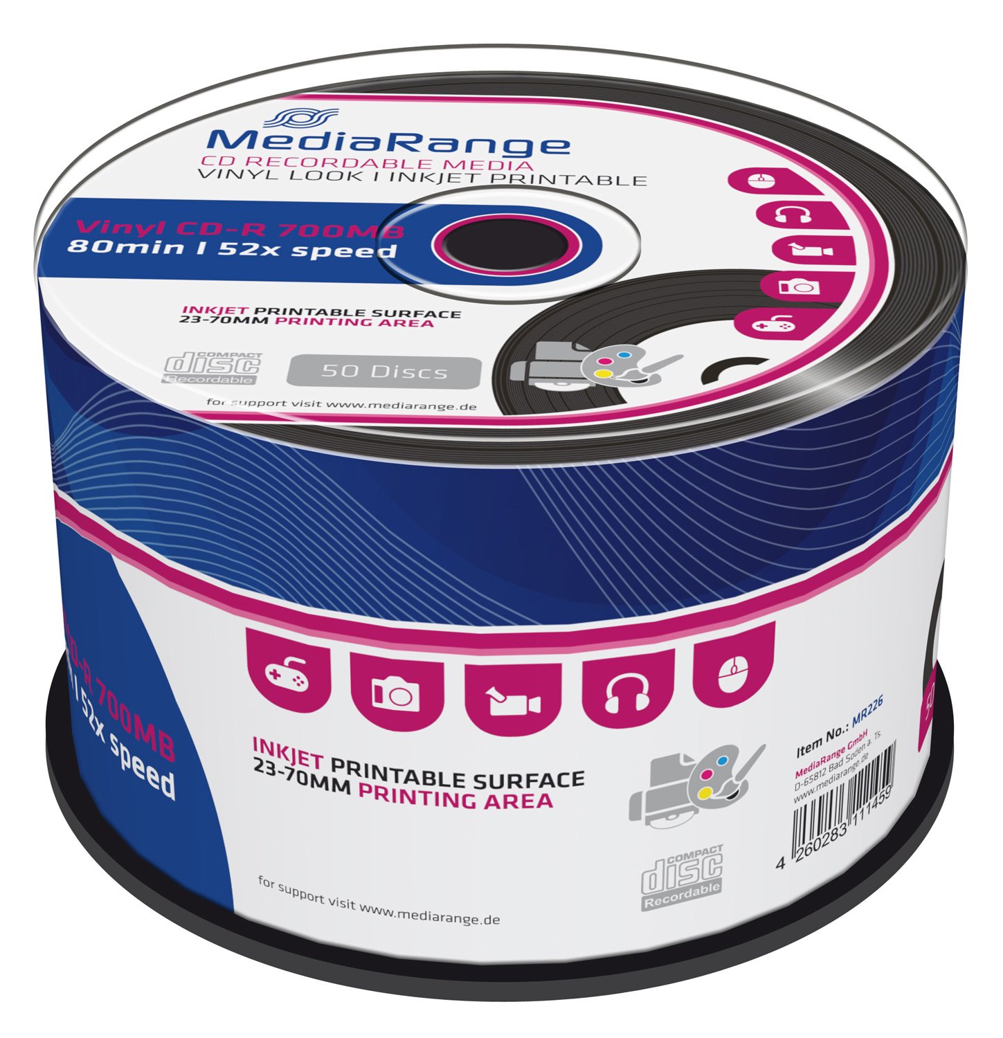 MediaRange MR226 Vinyl CDR80 700MB 52x (50) Cake Box Inkjet Printable