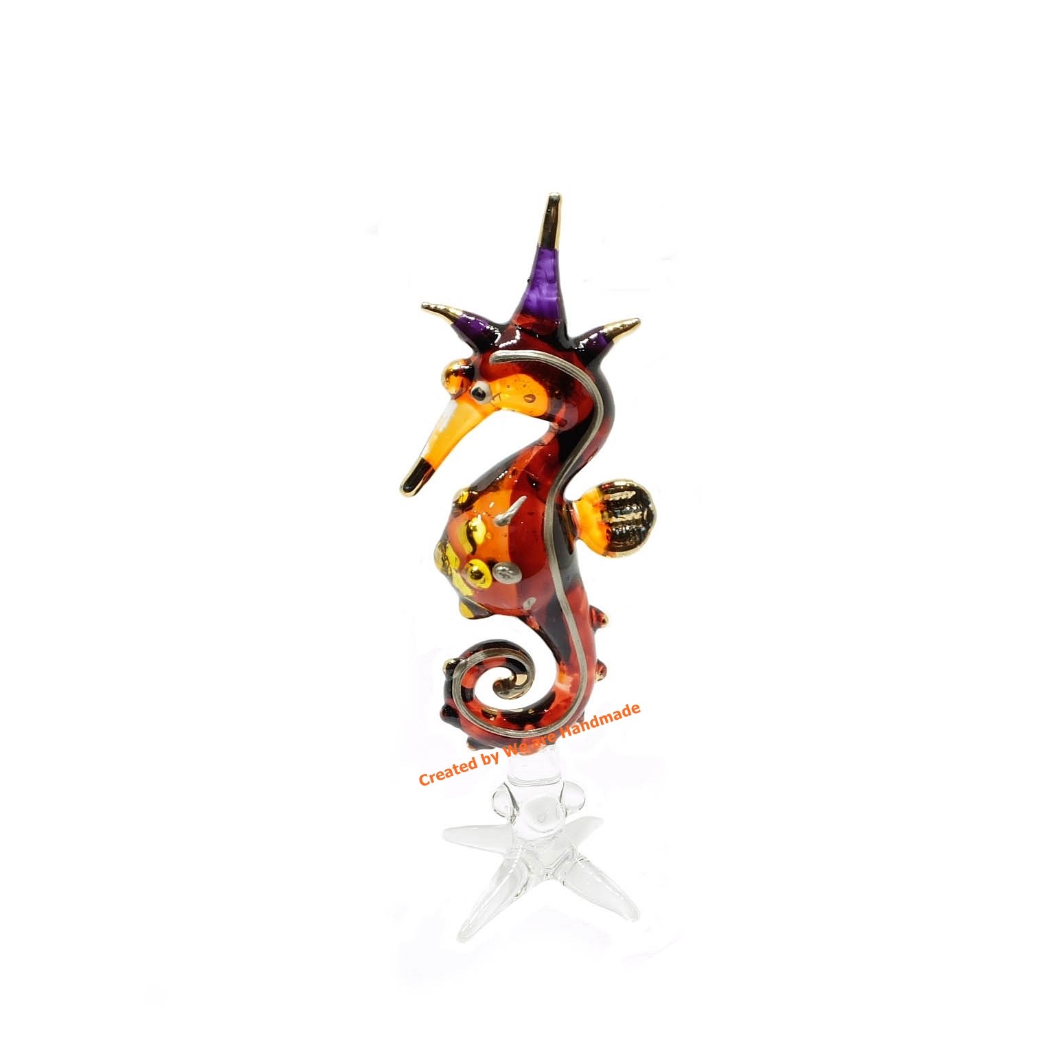 Handmade Mini 3" Blown Glass Seahorse Figurine Figure Art, Miniature Dollhouse, Gift Ideas, Collectible Ocean Animals, Tiny Ornament, Cool Stuff Decor (Brown and Orange No.2)