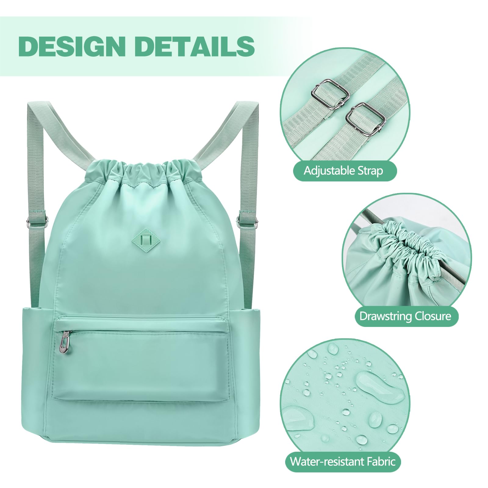BAVELOE Drawstring Backpack with Wet Pocket Gym Backpack Water-Resistant Cinch String Bag Beach Swim for Women Men(Mint Green)