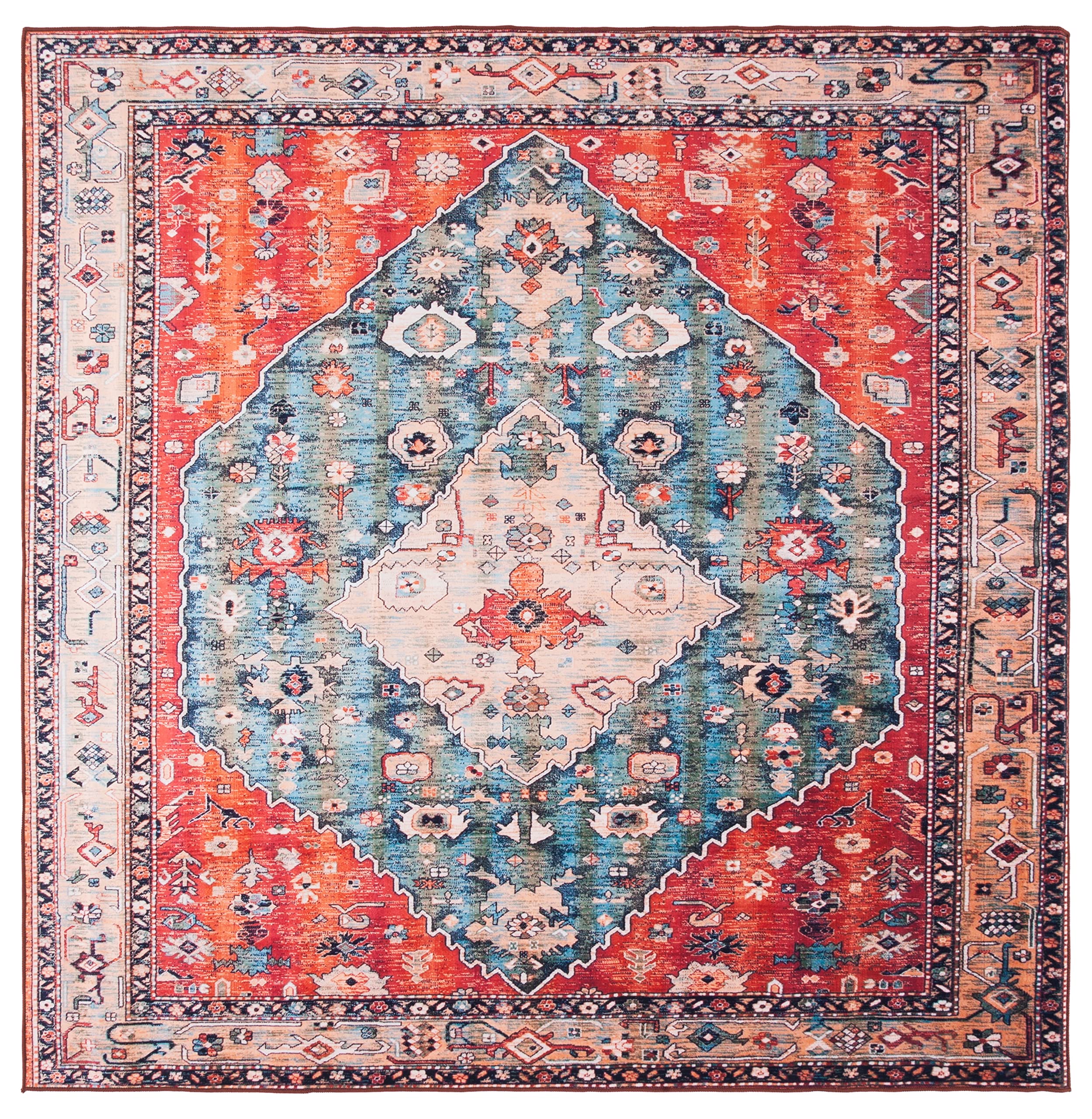 SAFAVIEH Tucson Collection Area Rug - 4' Square, Beige & Blue, Persian Medallion Design, Non-Shedding Machine Washable & Slip Resistant Ideal for High Traffic Areas in Living Room, Bedroom (TSN104B)