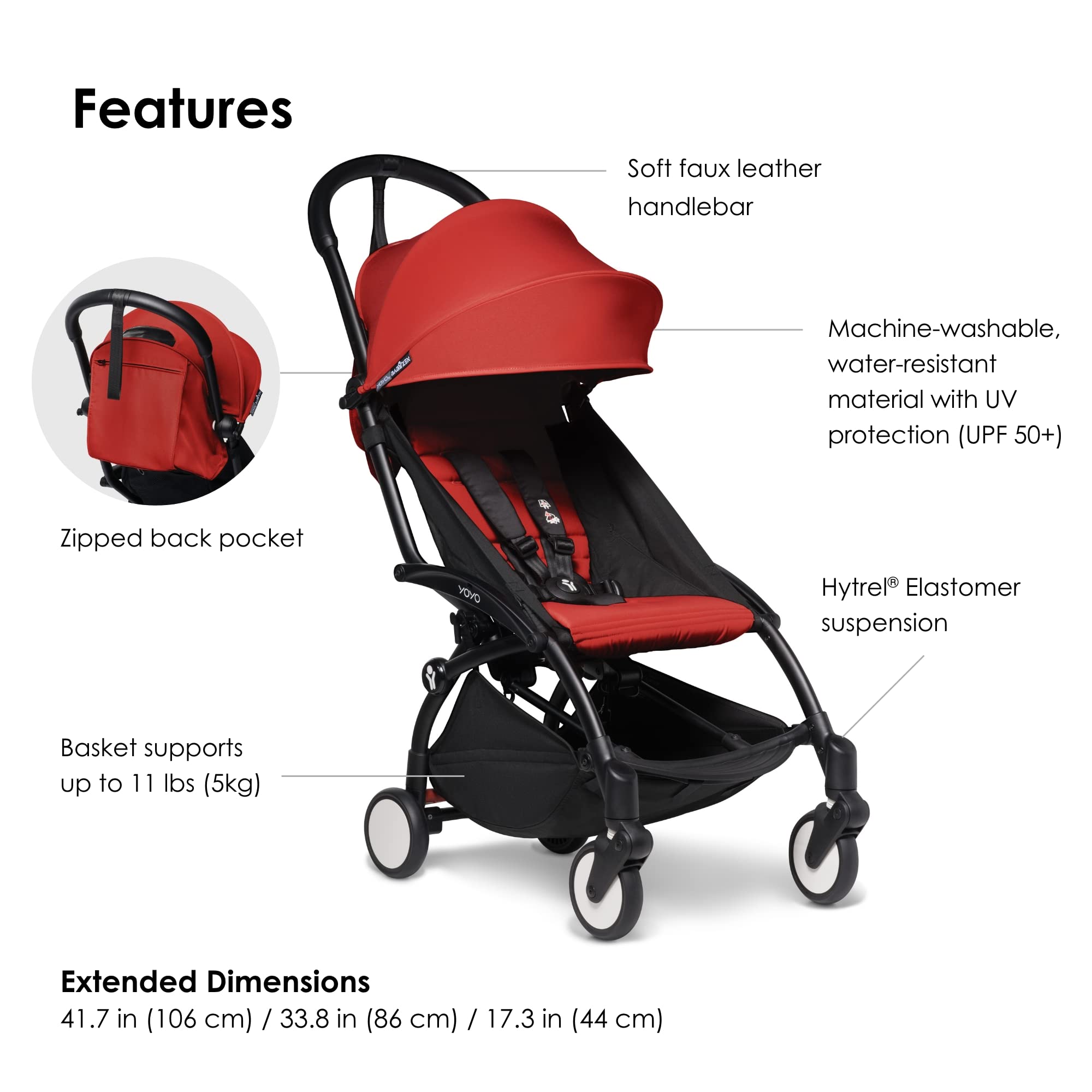 BABYZEN YOYO2 Stroller - Lightweight & Compact - Includes Black Frame, Red Seat Cushion + Matching Canopy - Suitable for Children Up to 48.5 Lbs