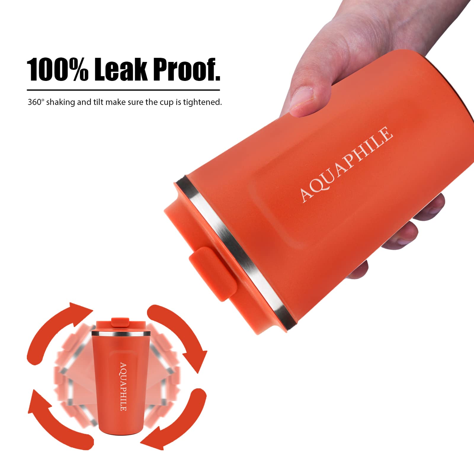 AQUAPHILE Reusable Coffee Cup, Coffee Travel Mug with Leak-proof Lid, Thermal Mug Double Walled Insulated Cup, Stainless Steel Portable Coffee Tumbler, for Hot and Cold Drinks(Orange,12oz)