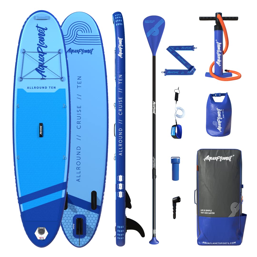 AQUAPLANET 10ft ALLROUND Paddle board - Beginner’s Kit. Air Pump with Pressure Gauge,Adjustable Aluminium Floating Paddle,Repair Kit,Heavy Duty Carry Rucksack & Premium Leash & 4 Kayak Seat Rings