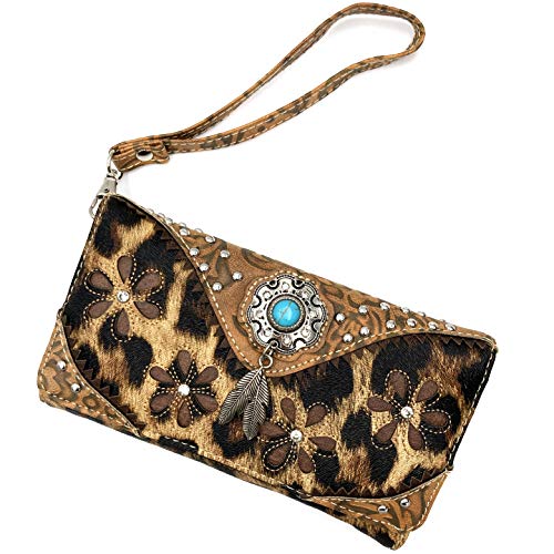 Leopard Animal Print Concealed Carry Feather Concho Country Vintage Western Trifold Crossbody Wallet (Leopard Gold)