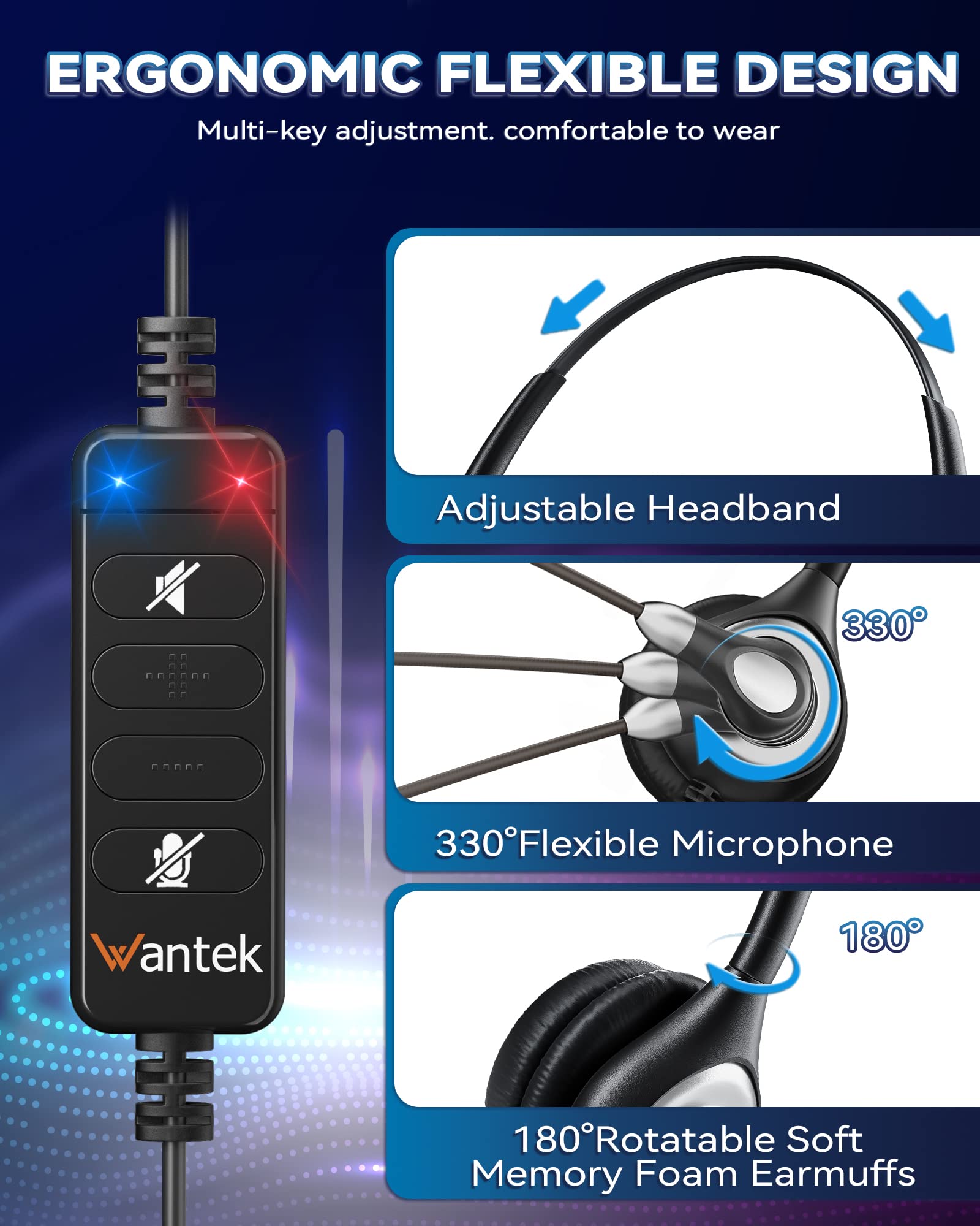 Wantek Corded USB Headset with Microphone Noise Cancelling & in-line Controls, Computer Headphones for Laptop PC Skype Zoom Webinar Classroom Home Office Business, Clear Chat, Ultra Comfort(UC602)