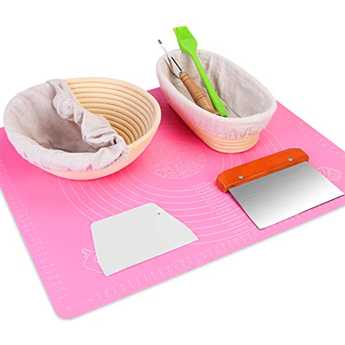 Bread Proofing Basket, ELVASEN 9" Round & 9.8" Oval Bread Making Tools Set of 2 - Bread Making Kit Include Bread Proofing Baskets, Linen Cloth Liner, Scraper, Basting Brush