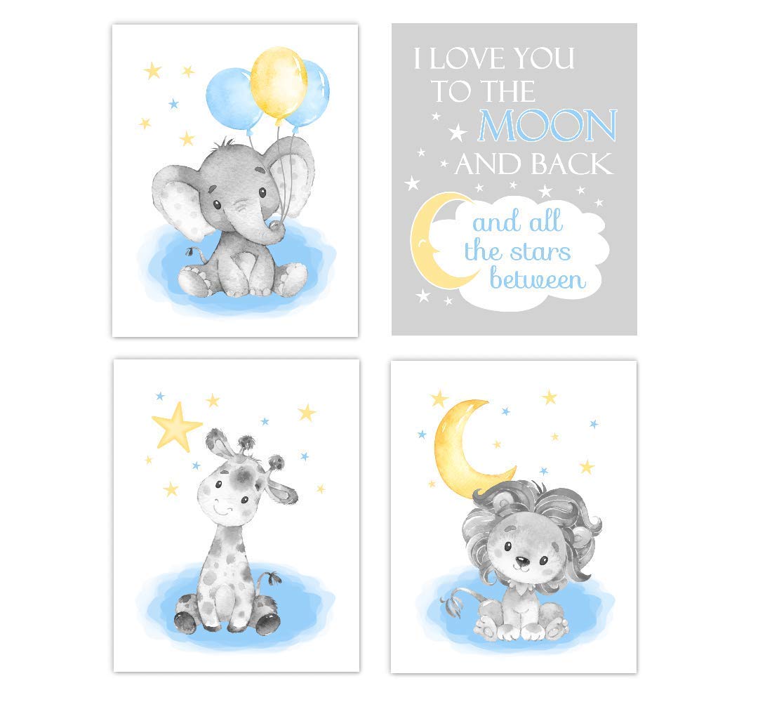 Baby Boy Nursery Art Elephant Giraffe Lion I Love You To The Moon Safari Animals Wall Decor 4 UNFRAMED PRINTS