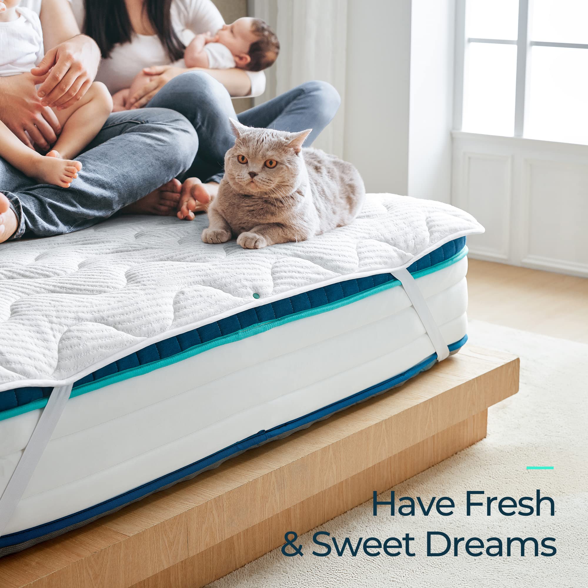 LINSY LIVING Queen Waterproof Mattress Protector, Mattress Pad with Elastic Straps and Buttons, Quilted Breathable Mattress Topper with Tencel Cover and Spiral Fibers, Queen Size White