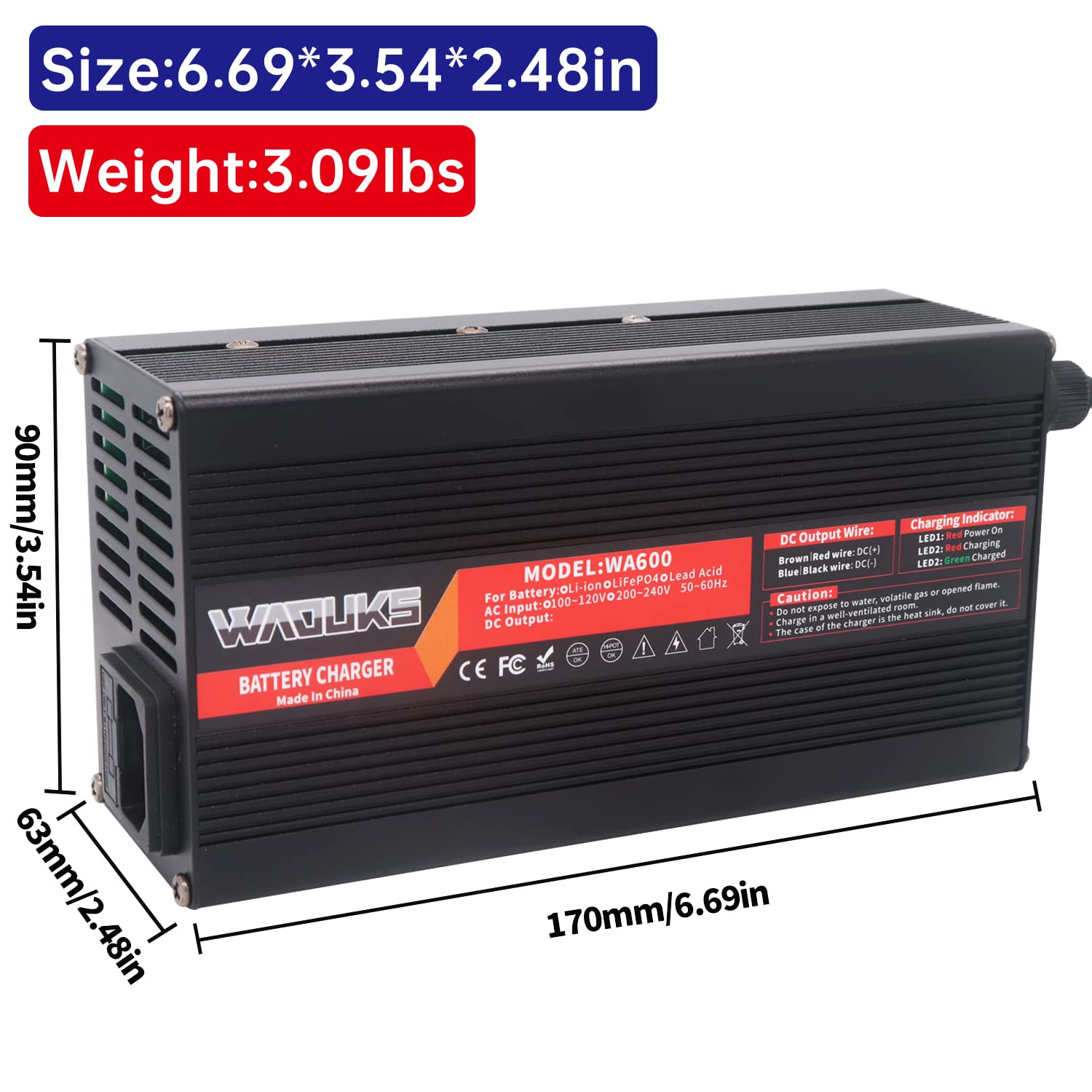 WAOUKS 58.8V 10A Charger DC 58.8V Li-ion Battery Charger Used for 14S 52V 51.8V Lithium Battery Pack Charger with Cooling Fan Smart Charger Output C13 PING Connector