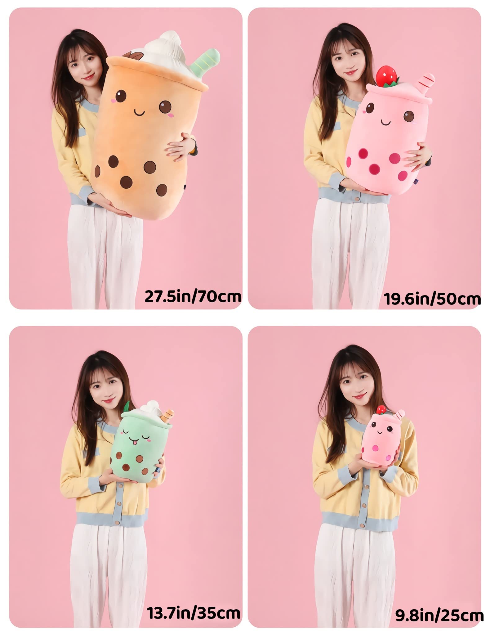 VICKYPOP Boba Plush Toy Cute Stuffed Bubble Tea Food Shaped Throw Pillow Cushion Cartoon Fruit Milk Tea Gift for Kids (Pink Open, 9.4 inches)