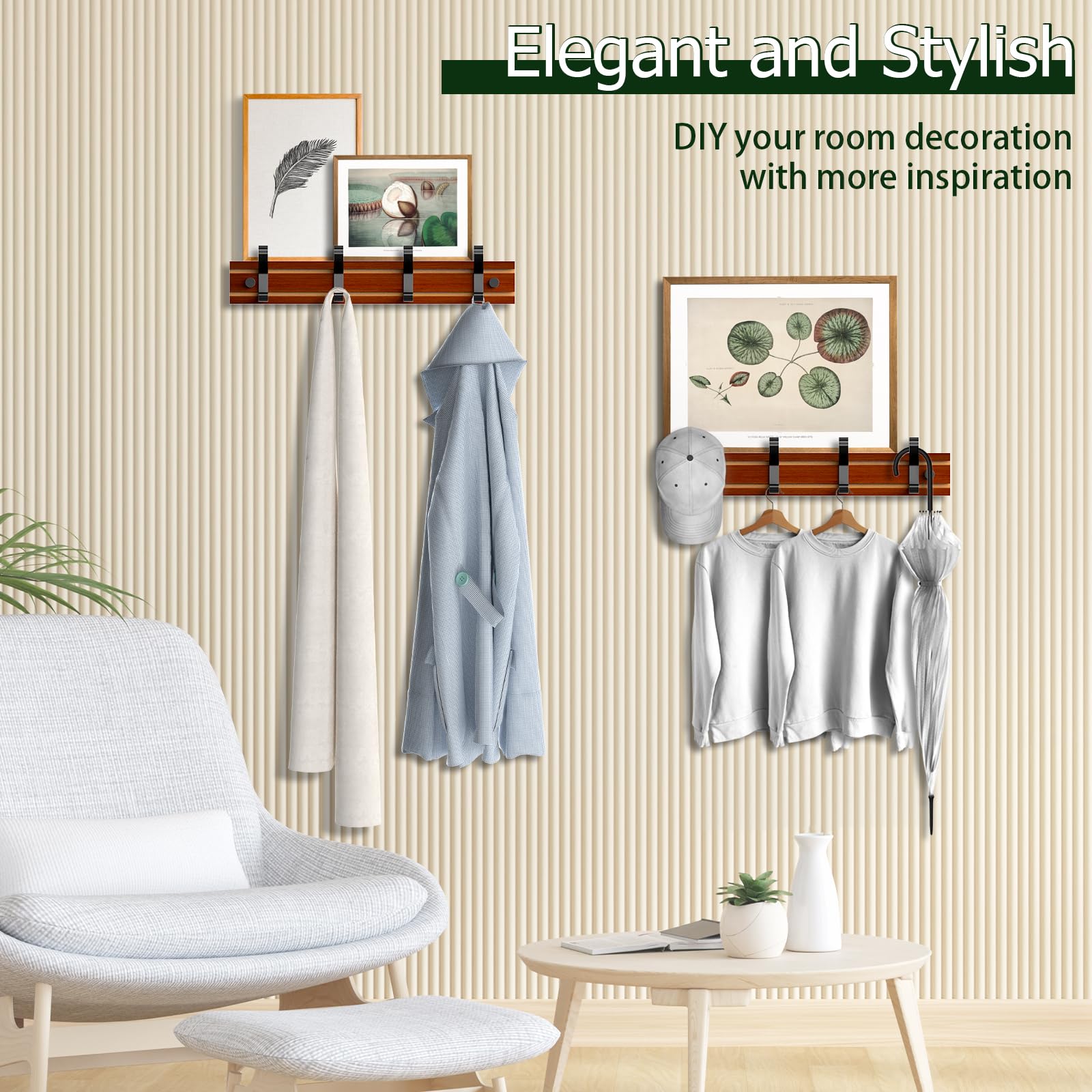Coat Rack Wall Mount, Pack of 2 Rustic Wall Coat Rack with 4 Hooks, Bamboo Wooden Coat Hook Rack for Wall, Brown Farmhouse Coat Rack Wall Mounted, Wall Coat Hangers for Bedroom,Office