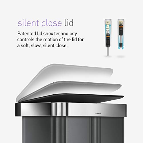 simplehuman 58 Liter / 15.3 Gallon Rectangular Hands-Free Dual Compartment Recycling Kitchen Step Trash Can, Black Stainless Steel