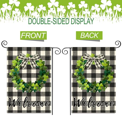 BEZKS St Patricks Day Small Garden Flag 12.5 x 18 Inch, Best Choice Bow Shamrock Wreath Welcome Double Sided Decorative Flag For Outside Yard Lawn Decoration (JS01)