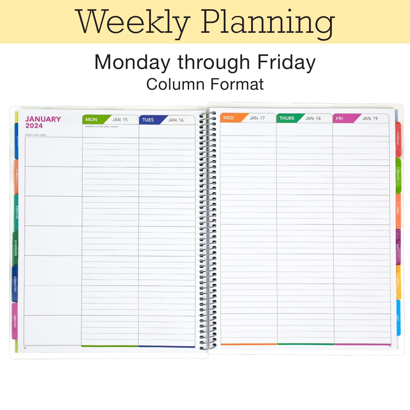 Aug 2023-Jul 2024 Lite Teacher Lesson Planner Notebook 8.5x11 Daily Weekly Monthly Organizers - Includes 7 Periods, Dated Calendar, Page Tabs, Bookmark, and Planning Stickers