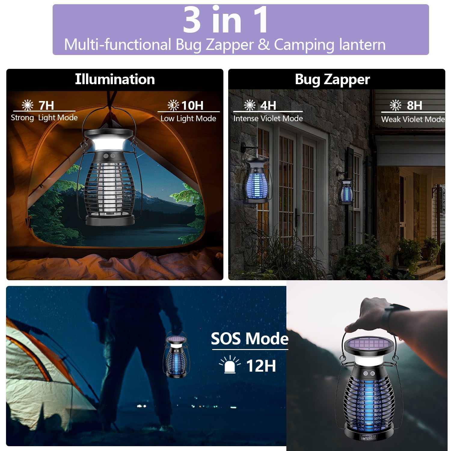 BANPESTT Solar Bug Zapper Outdoor Indoor Waterproof, 3-in-1 Cordless Mosquito Zapper, Rechargeable Flying Insect Trap for Fruit Fly, Gnat, Wasp,Moth, Mosquito Trap & Killer for Camping, Home, Patio