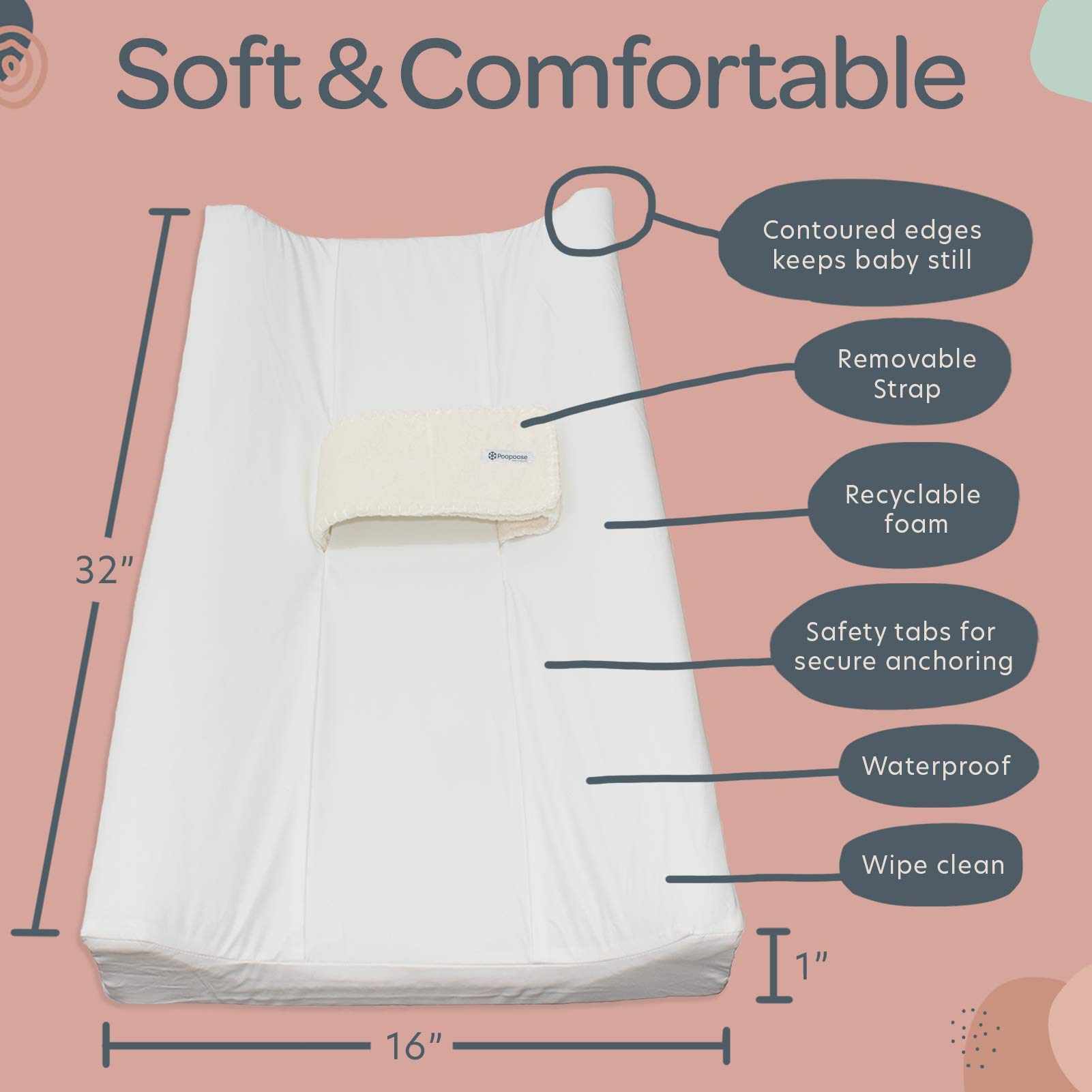 PooPoose Baby Changing Pad with Secure Strap 32" x 16", Changing Diaper Mat for Table Dresser Change Station Soft, White
