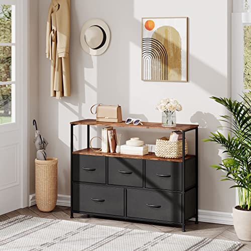 WLIVE 1-Drawer Nightstand and 5-Drawer Dresser TV Stand Set, Fabric Storage Tower for Bedroom, Hallway, Nursery, Closets, Tall Chest Organizer Unit with Textured Print Fabric Bins, Steel Frame