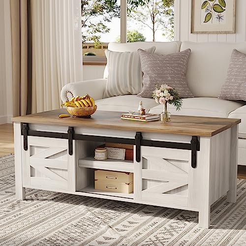 Furmax Coffee Table with Storage and Sliding Barn Doors, Farmhouse Living Room Table with Adjustable Shelves, Wood Rustic Center Table for Home Living Meeting Room (Antique White)
