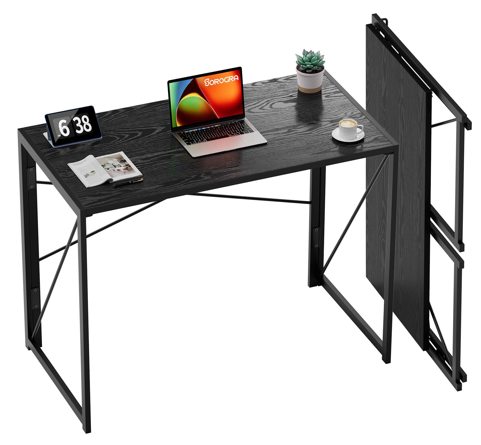 Coavas Small Folding Desk, No Assembly Required Computer Desks, 31.5 inch Spaces Saving Foldable Table for Bedroom, Home Office, Dorm, Apartment, Black Wood