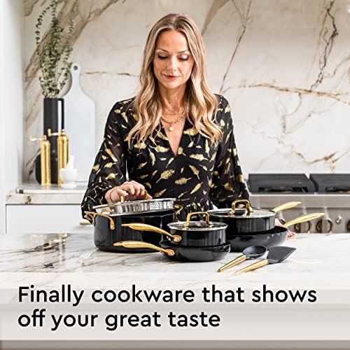 Black and Gold Pots and Pans Set Nonstick - 15PC Luxe Black Pots and Pans Set Non Toxic - Induction Compatible, PFOA Free Black and Gold Cookware Set & Gold Kitchen Utensils - Gold Kitchen Accessories