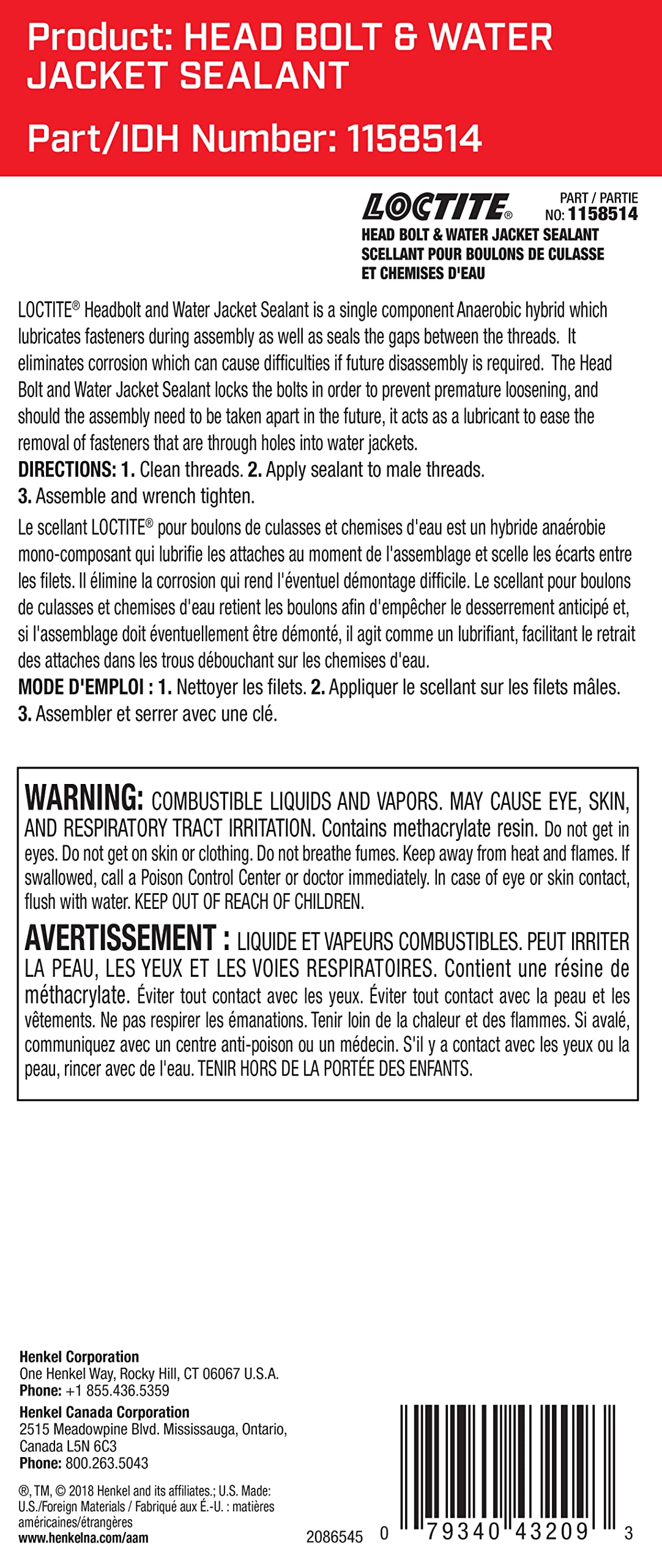 LOCTITE 1158514 Head Bolt and Water Jacket Sealant: Thread Selant, Single Component Anaerobic Hybrid, Eliminates Corrosion, Prevents Premature Loosening | 50 ml. Tube