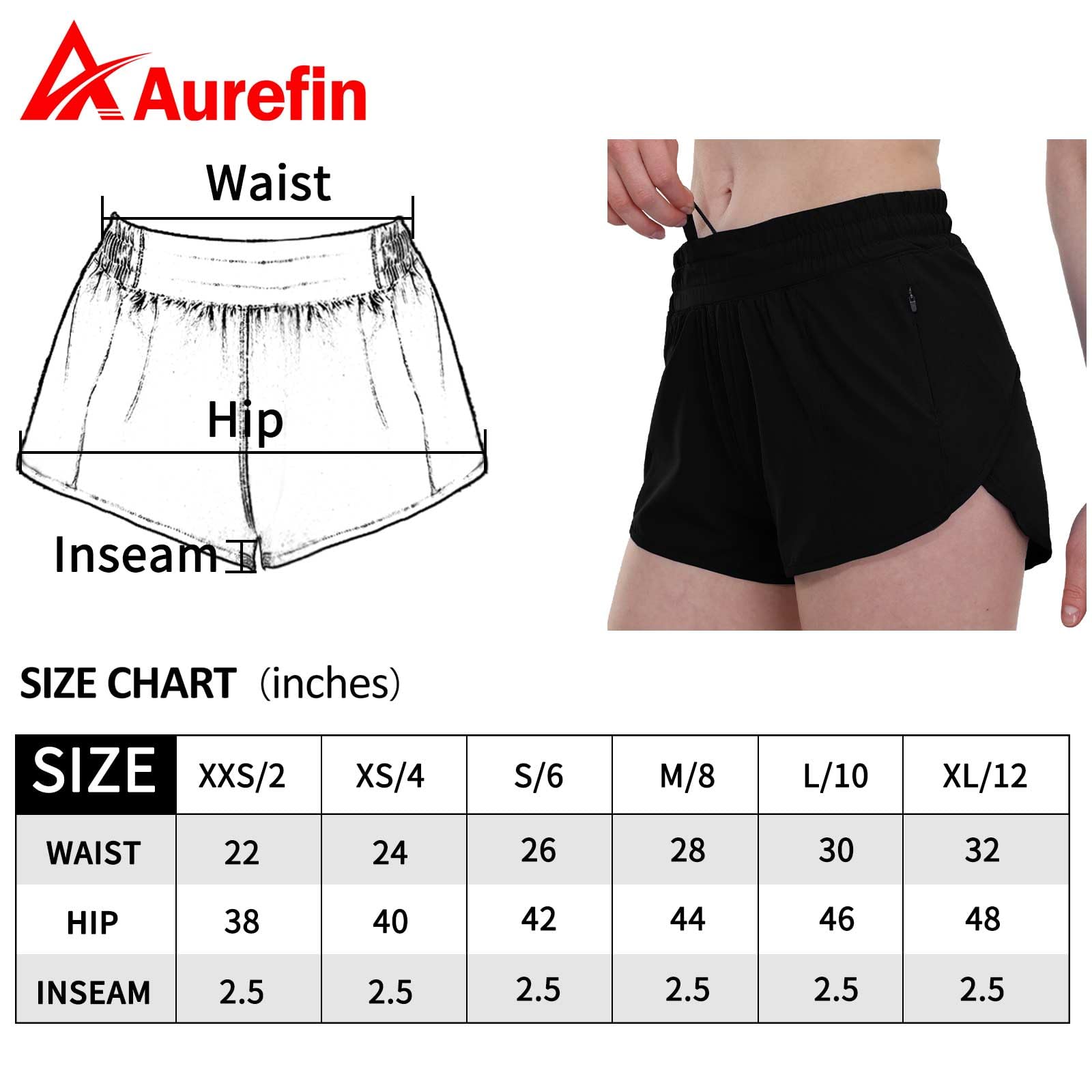 Aurefin Running Shorts for Women,Lightweight Athletic Shorts with Mesh Liner and Zip Pocket Quick Dry Workout Sports Shorts Black/Small