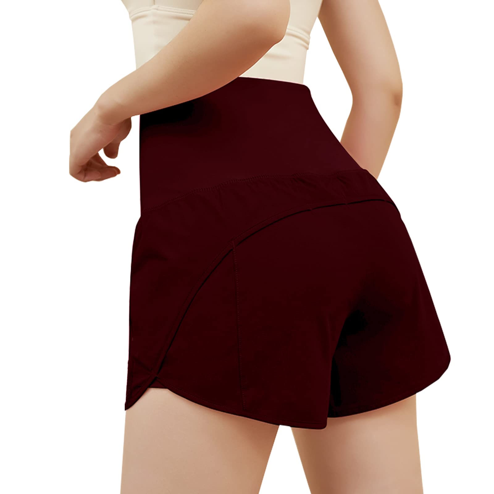 Aurefin Women's High Waisted Running Shorts Quick Dry Athletic Workout Shorts with Bulit-in Liner-3.5'' Wine red/m