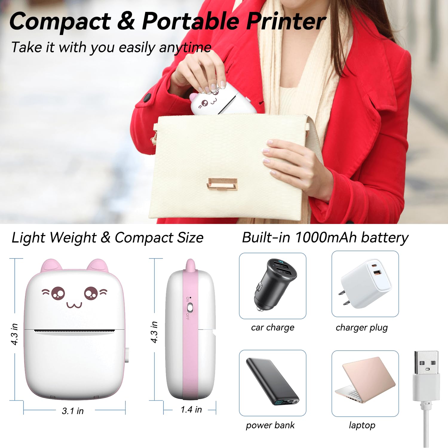 Cobelae C9 Mini Inkless Sticker Printer, Portable Bluetooth Mini Printer with 6 Rolls Paper, Pocket Thermal Printer for Notes Sticker Label Photo DIY, Best Gift for Kids,Pink
