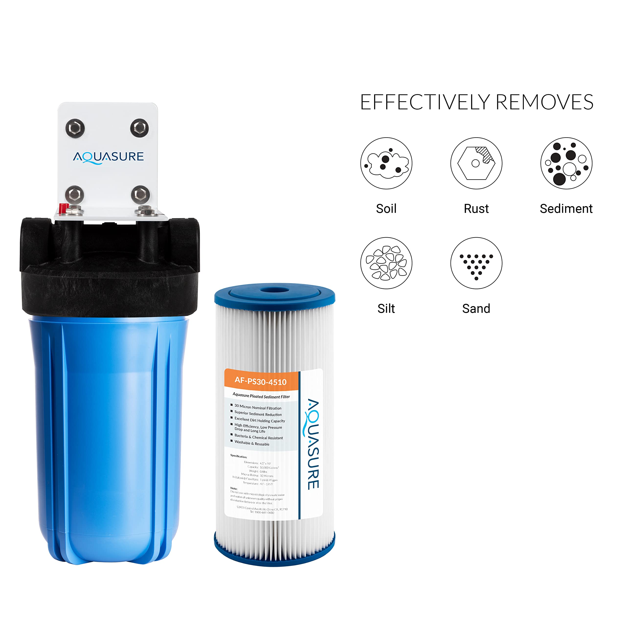 Aquasure Fortitude High Flow Whole House Water Filter with 30 Micron Pleated Sediment Filter - 10" x 4.5"