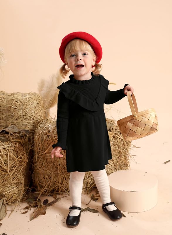 BesserBay Infant Girls Adorable Fall Ruffle Trim Ribbed Knit Cozy Warm Black Sweater Dress 6-12 Months