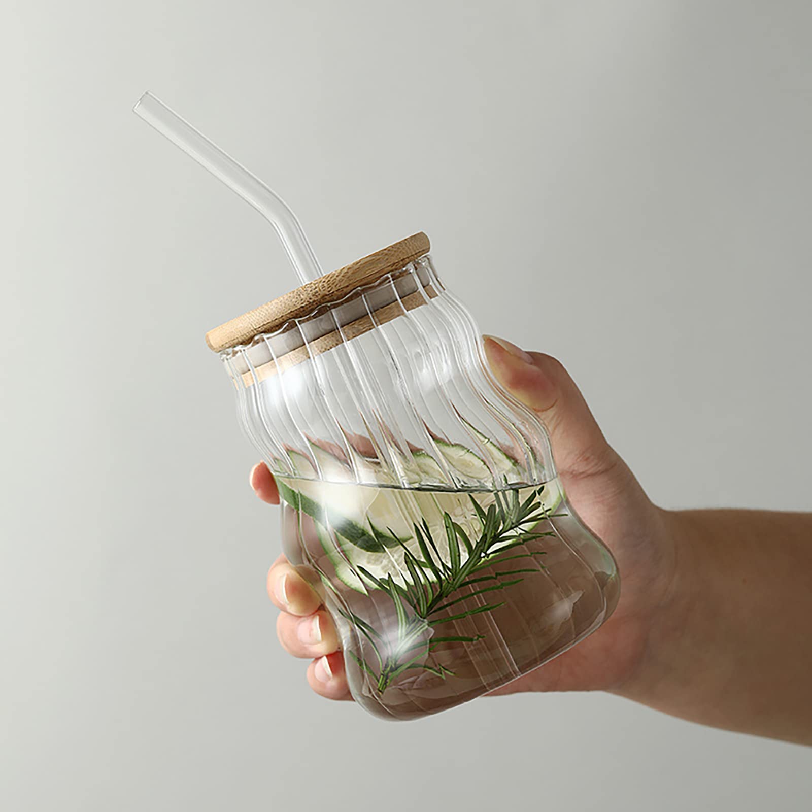 BFYDOAA Drinking Glass Cup with Bamboo Lid and Straw, 17oz Striped Tumbler Cups Can Shape Glasses for Water Juice Tea Wine Soda Iced Coffee