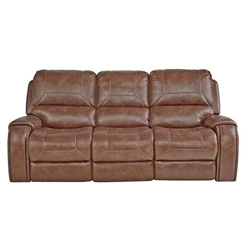Roundhill Furniture Achern Brown Leather-Air Nailhead Manual Reclining Sofa and Loveseat with Storage Console and USB Port