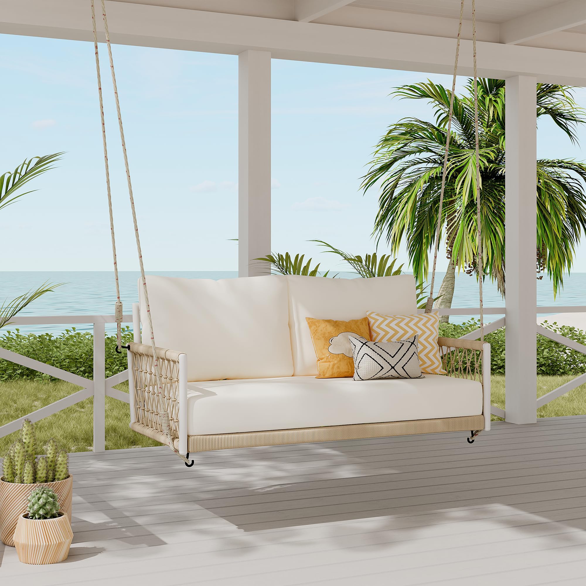 Quarte 1-Piece Woven Rope Outdoor Swing Sofa, 2-Person Porch Swing Bench with Soft Cushions, Patio Furniture for Garden, Backyard, Poolside (Beige/Rope)