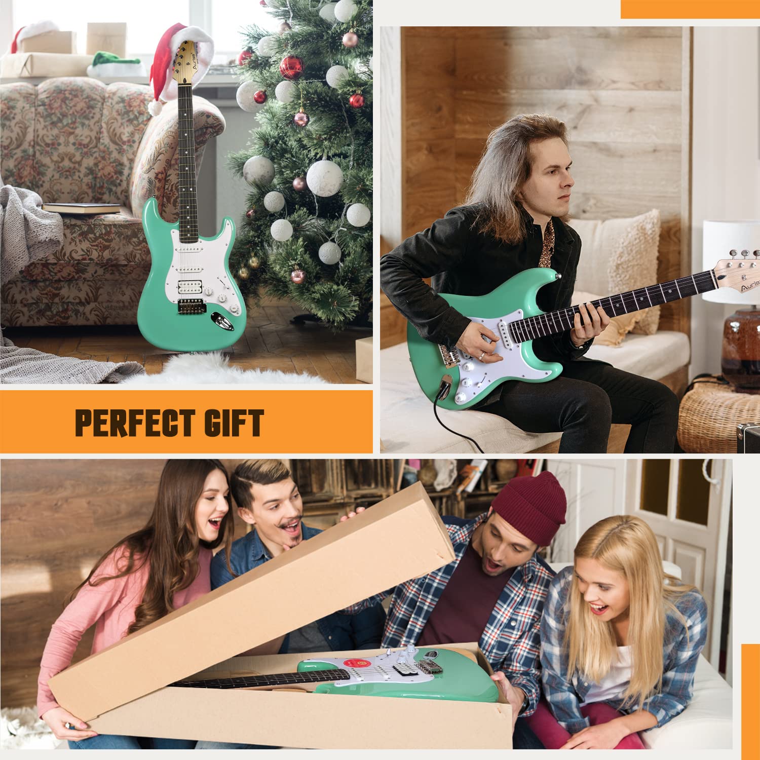 Auriga 39 Inch Electric Guitar (Mint Green-White), 6 string Beginner Guitar Kit with Gig Bag, Tremolo Bar, Strap, Cable, Picks, Hex Wrench