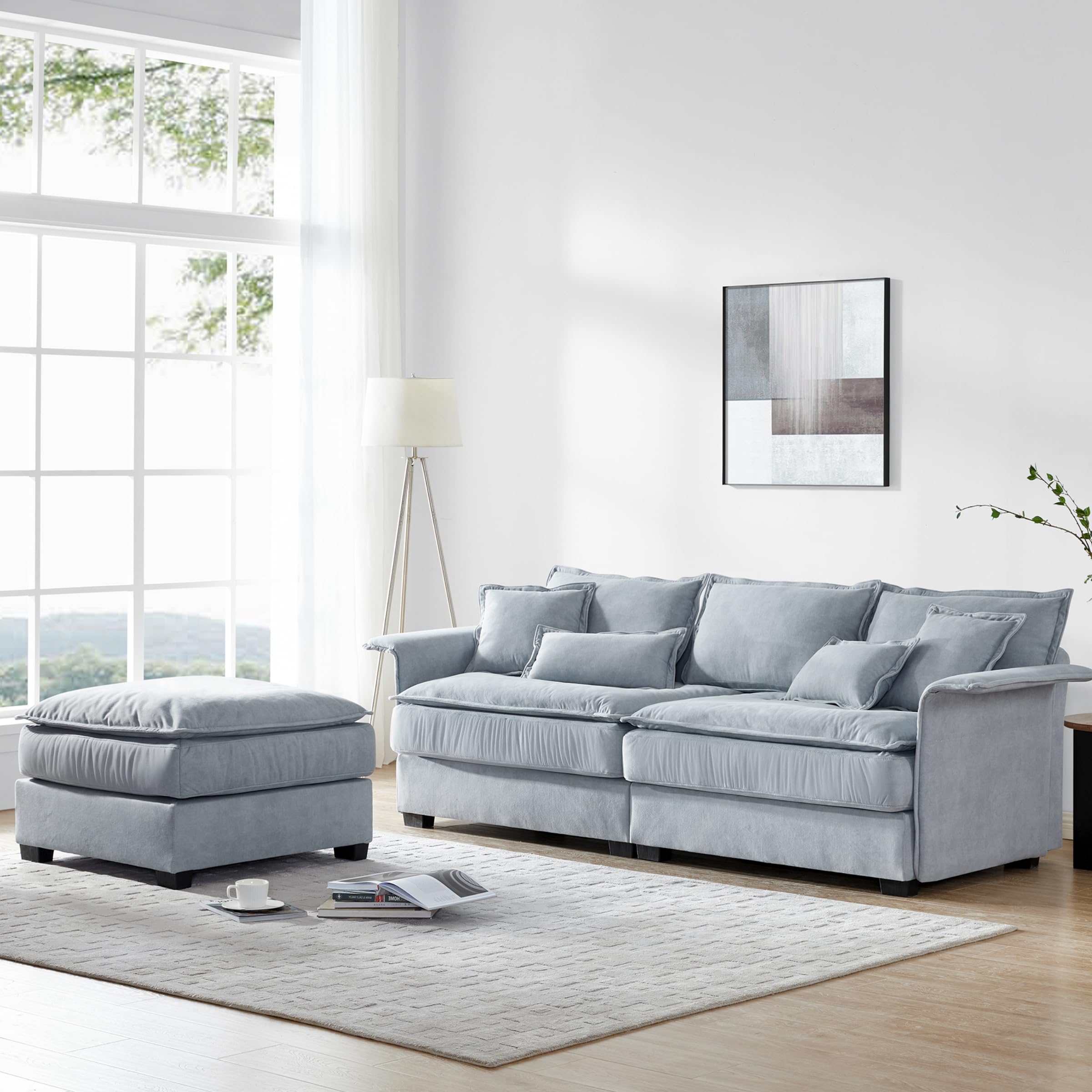 DEINPPA Sectional Sofa with Bentwood Armrests, Modern Deep Seat Sofa Couch with Ottoman, Tech Cloth Upholstered Sleeper Sofa, Comfy Furniture for Living Room, Apartment, Studio, Office-Blue
