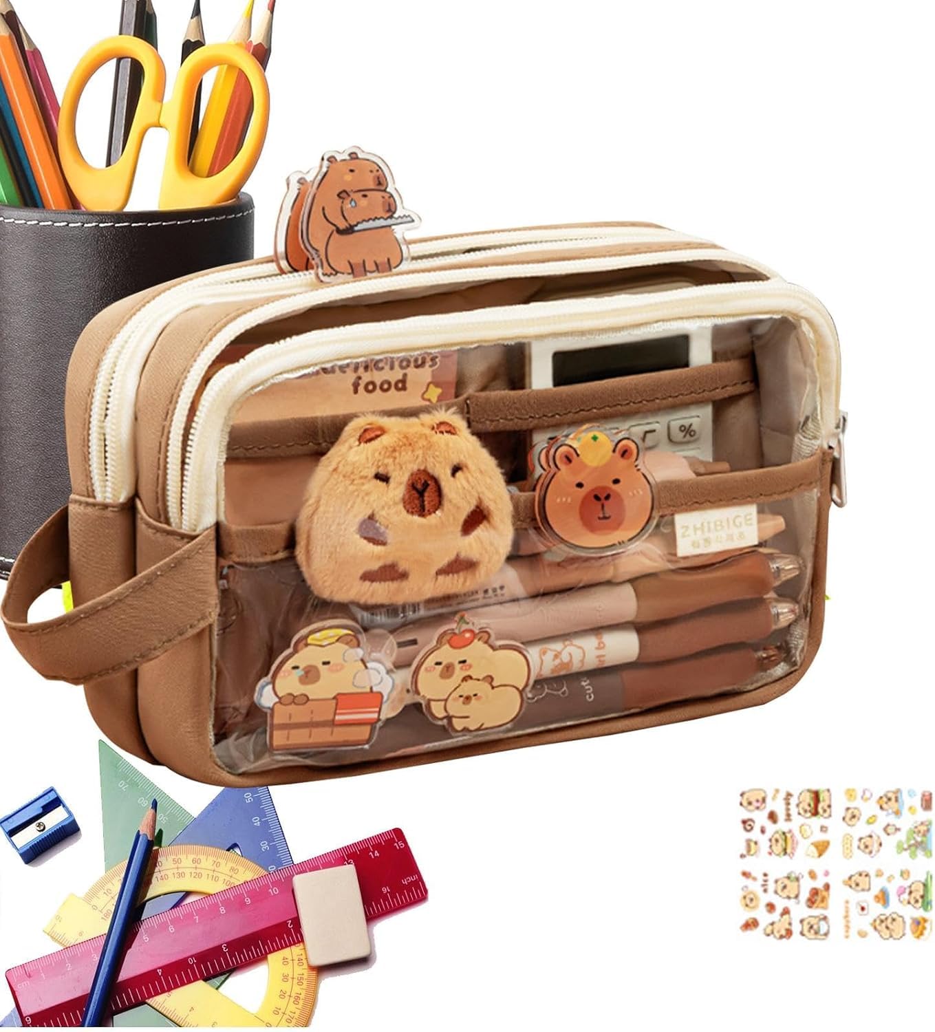 Capybara Pen Case, Aesthetic Transparent Pencil Case, Large Zippered Pencil Pouch, Beautiful Pencil Bag, Multi-Layer Large Capybara Pencil Pouch (5th Floor-A)