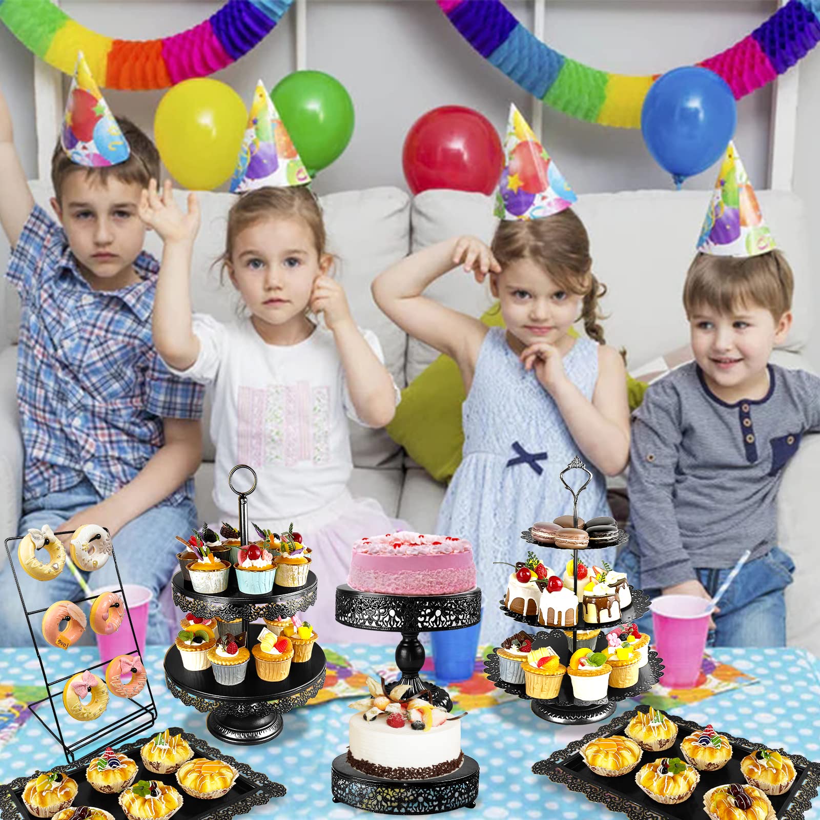 Black Cake Stand Set-7 Pcs Cake Stand Set-Dessert Table Display Set for Baby Shower, Wedding, Birthday Parties, Chrismas Celebration