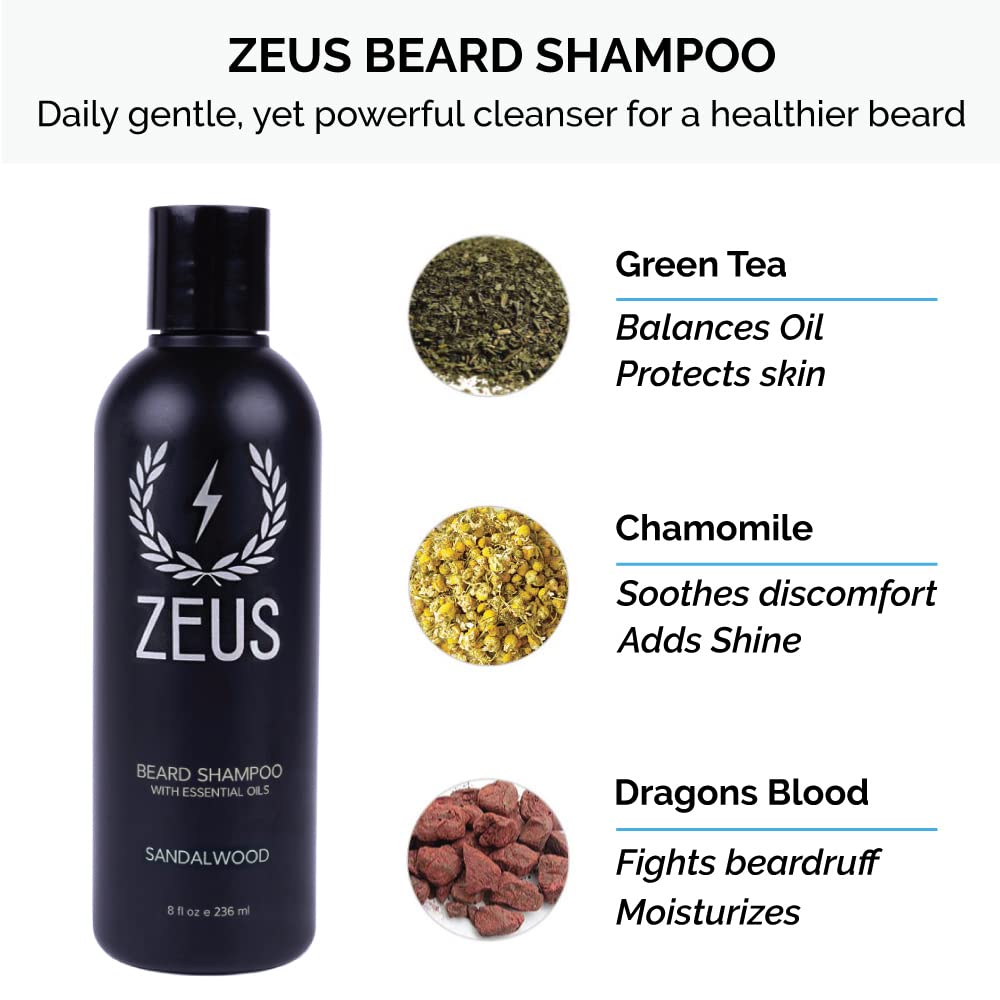 ZEUS Starter Beard Wash & Grooming Kit, Beard Brush & Beard Wash Combo Gift Set for Men (Sandalwood)