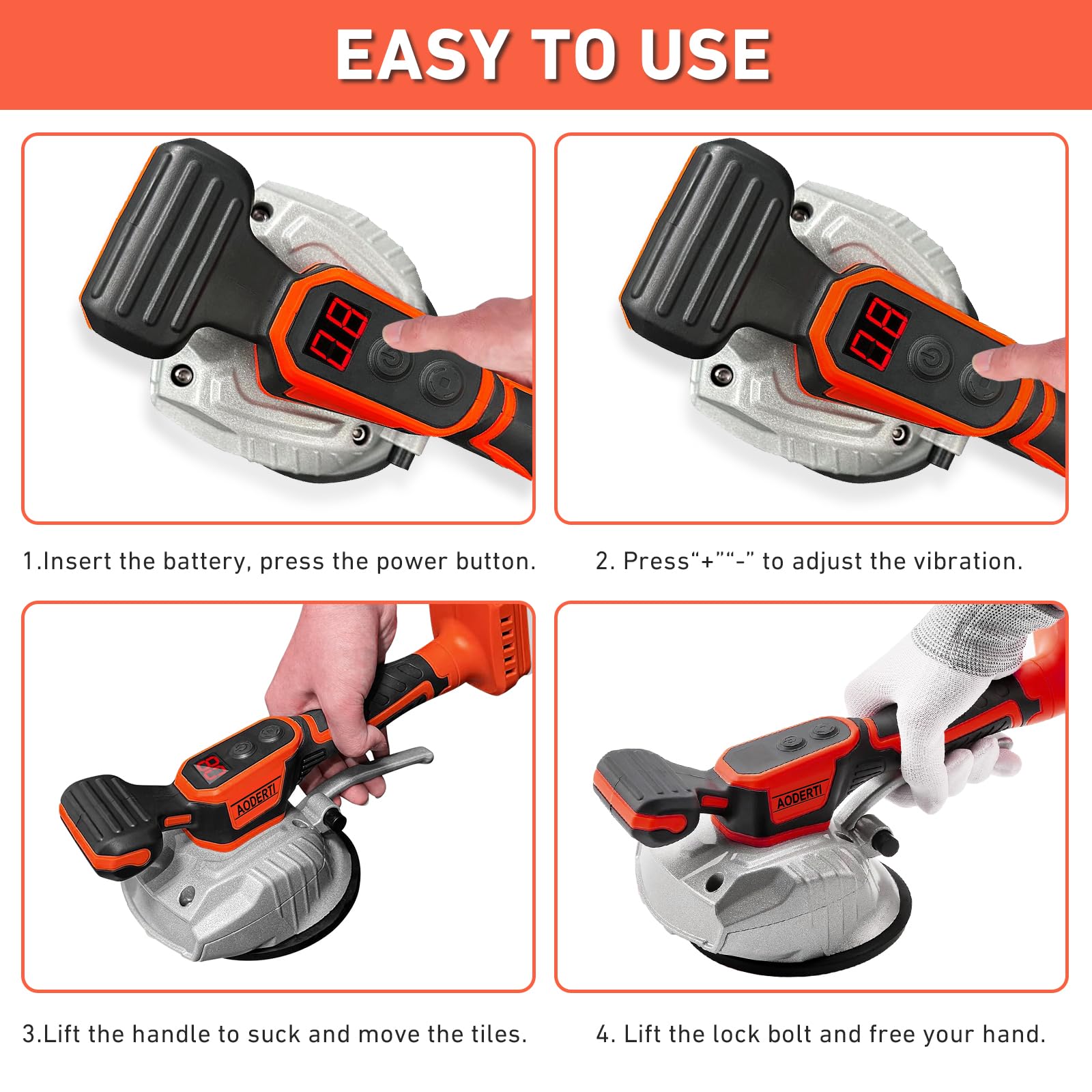 Cordless Tile Vibration Leveling Machine for DEWALT 20V Max Battery, AODERTI Tiler Vibrator Tool with 8 Adjustable Speed, Suction Cup, Digital Display and Lock Design for Tile, Floor, Wall (Tool Only)