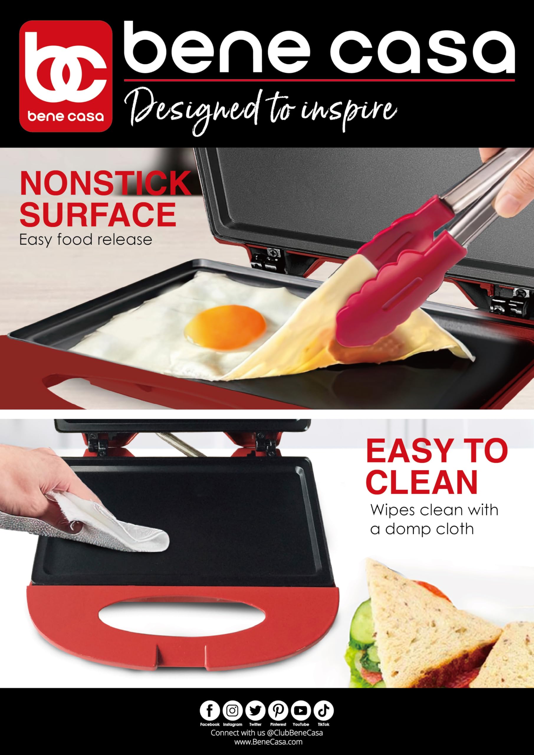 Bene Casa - Red Nonstick Flat Grill Sandwich Maker - Includes Cool-touch Handles and Die Cast Aluminum Cooking Surface
