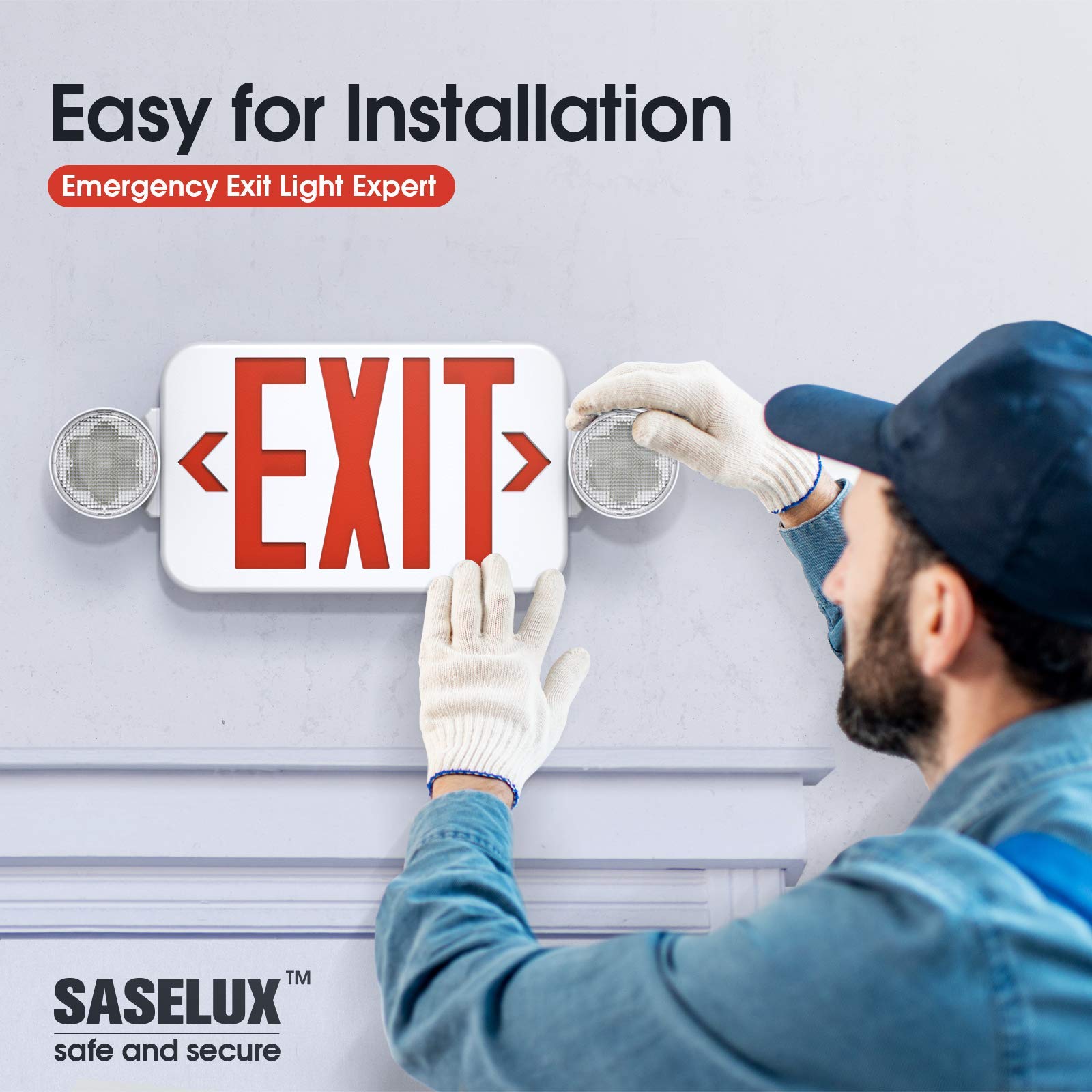 SASELUX 2 Pack Switchable Red/Green, Double Sided and Battery Backup Exit Light Bundle 6 Pack Exit Sign with Emergency Lights, Two LED Adjustable Head Emergency Exit Light with Battery